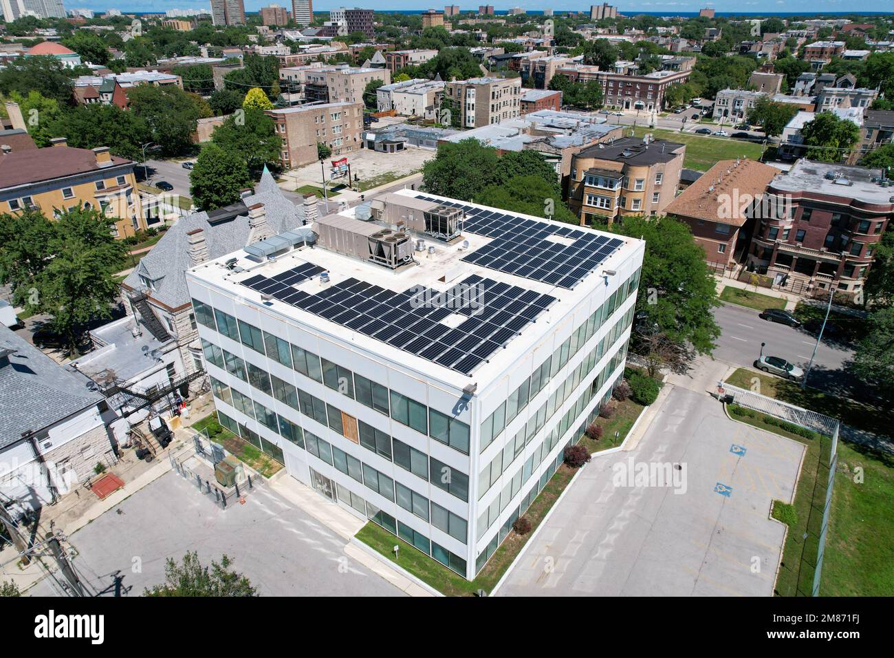 An aerial shot over a Solar Power Chicago Salor Grid building Stock ...