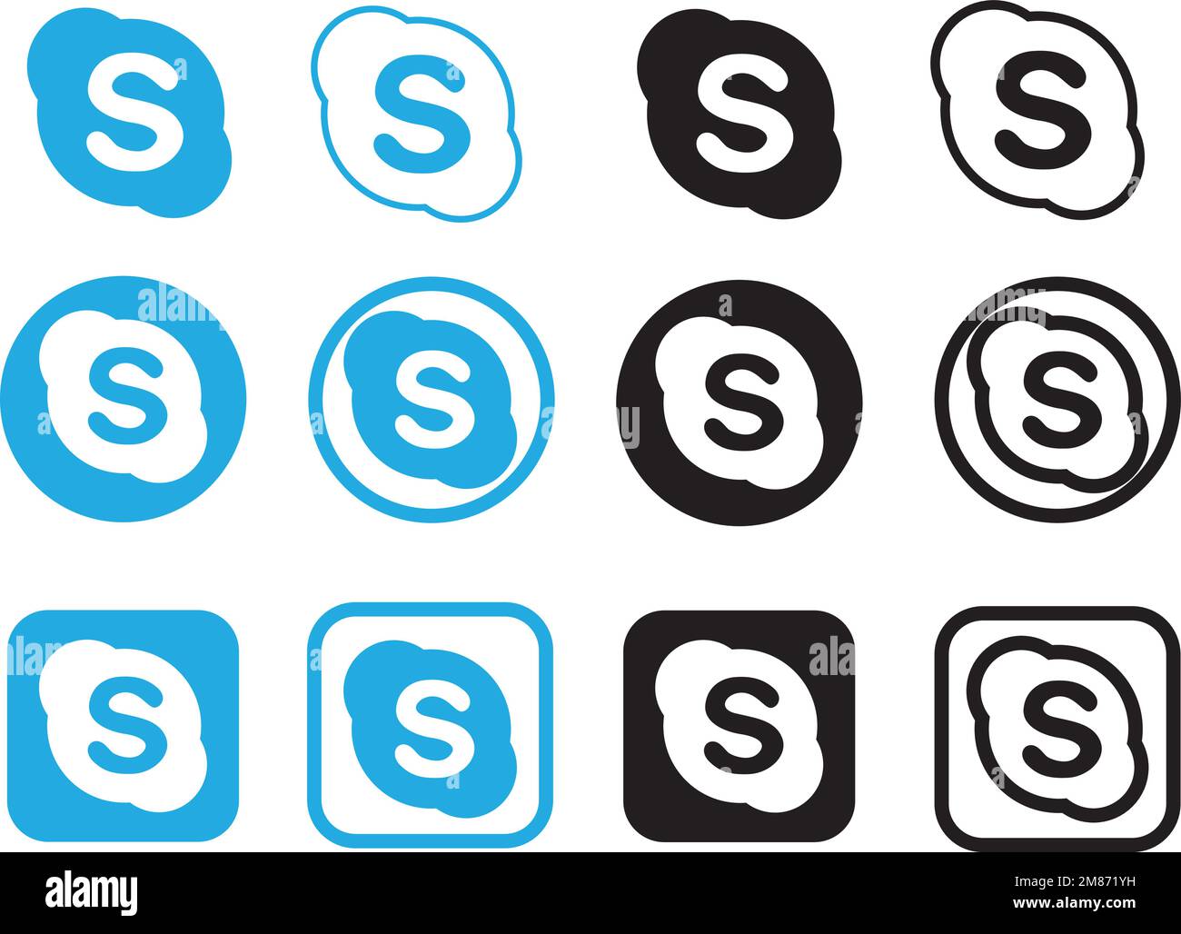 The skype icon in various shapes and designs in blue and black isolated ...