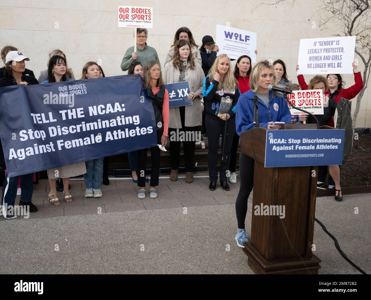 Former University of Kentucky swimmer Riley Gaines, right, speaks ...