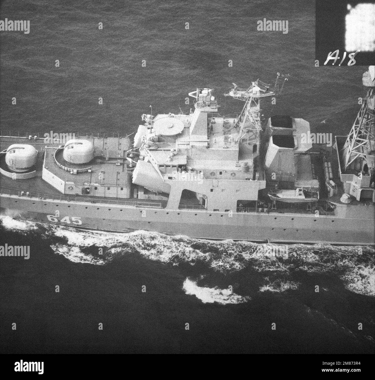 A port amidships view of the superstructure of the Soviet Udaloy class ...