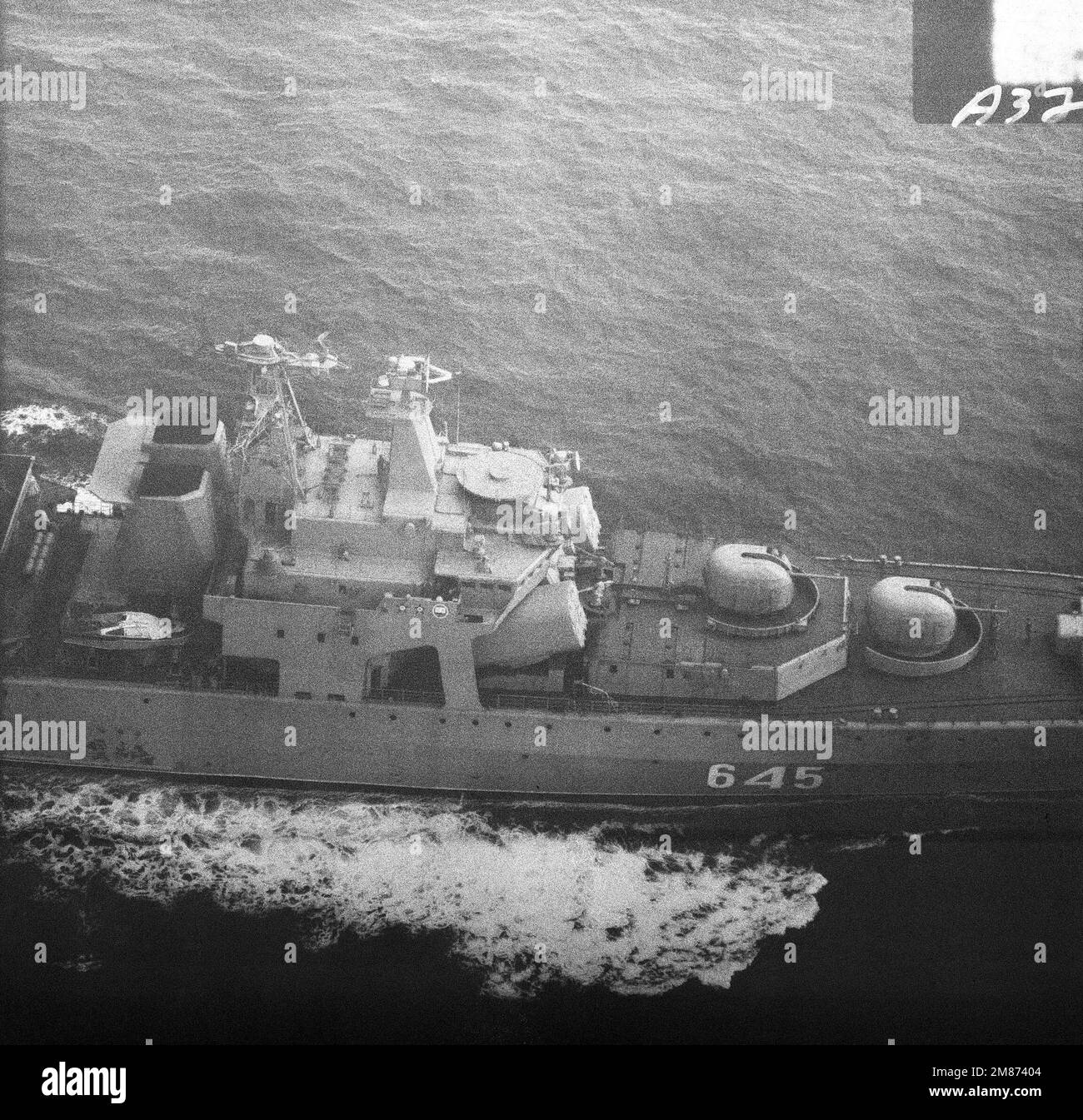 A starboard amidships view of the superstructure of the Soviet Udaloy ...