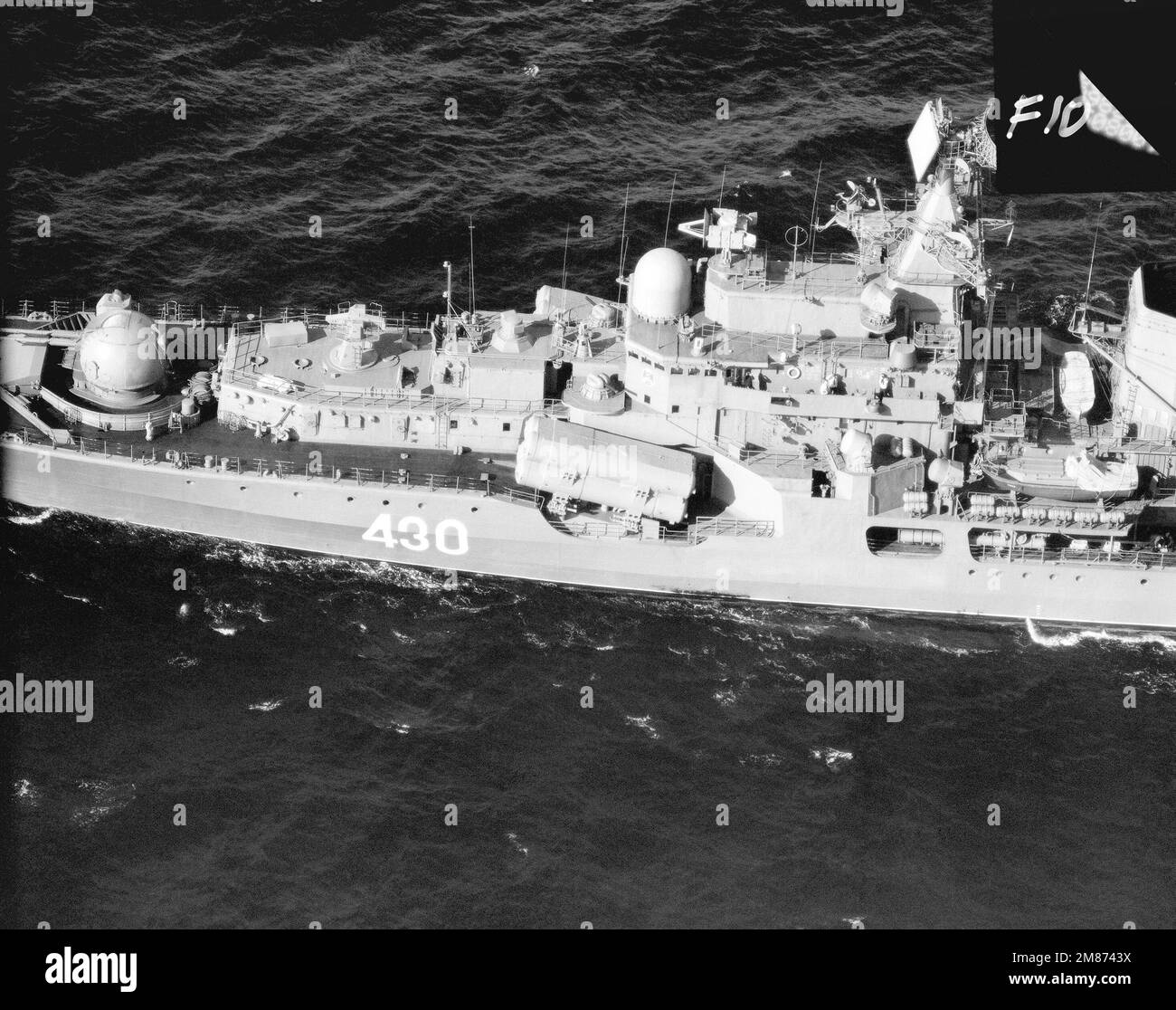 A port view of the superstructure of the Soviet Sovremenny class ...