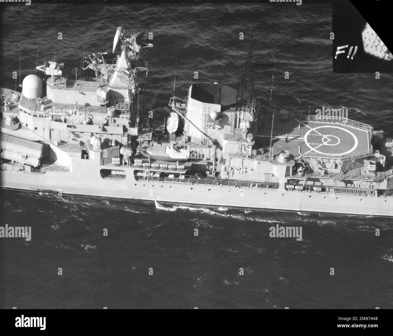 A port view of the superstructure and helicopter pad of the Soviet ...