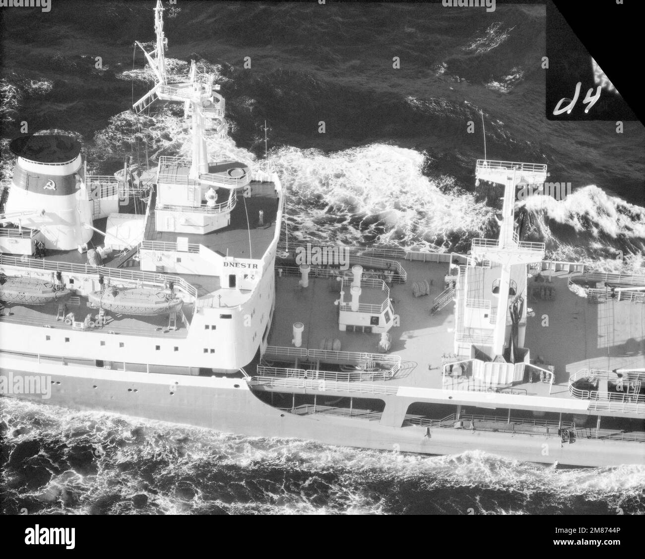 A starboard view of the amidships section of the Soviet Boris Chilikin ...