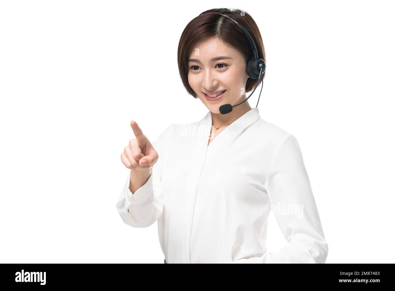 The female customer service staff wearing headphones Stock Photo - Alamy