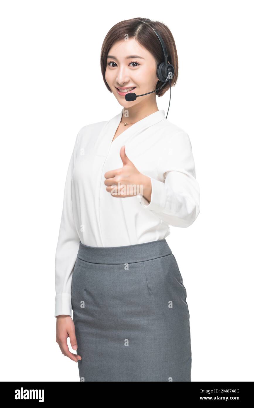The female customer service staff wearing headphones Stock Photo - Alamy