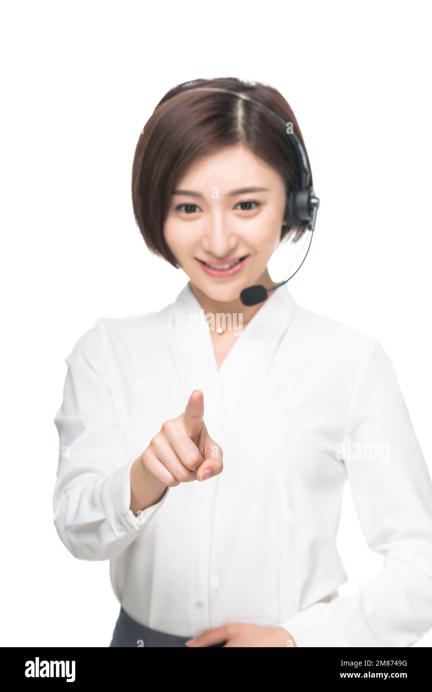 The female customer service staff wearing headphones Stock Photo - Alamy