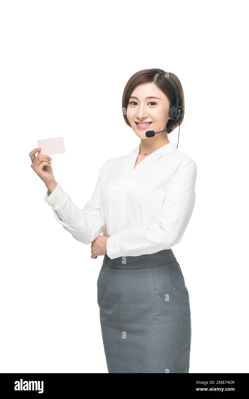 The female customer service staff wearing headphones Stock Photo - Alamy