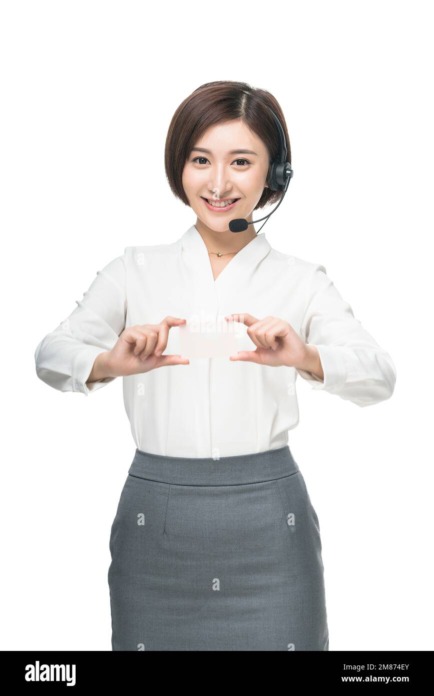 The female customer service staff wearing headphones Stock Photo - Alamy