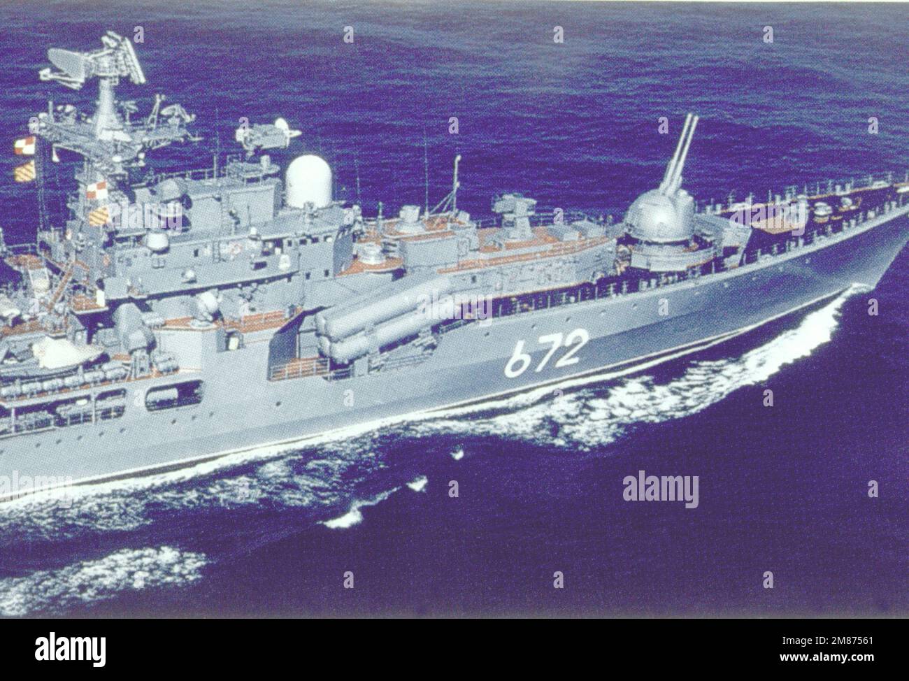 A starboard view of the forward half of a Soviet Sovremennyy class guided missile destroyer ...