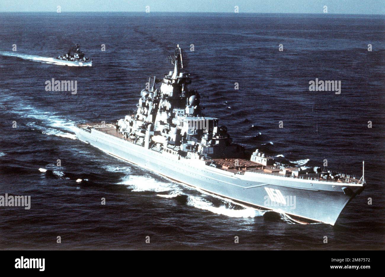 A starboard bow view of a Soviet Kirov Class nuclear-powered guided ...