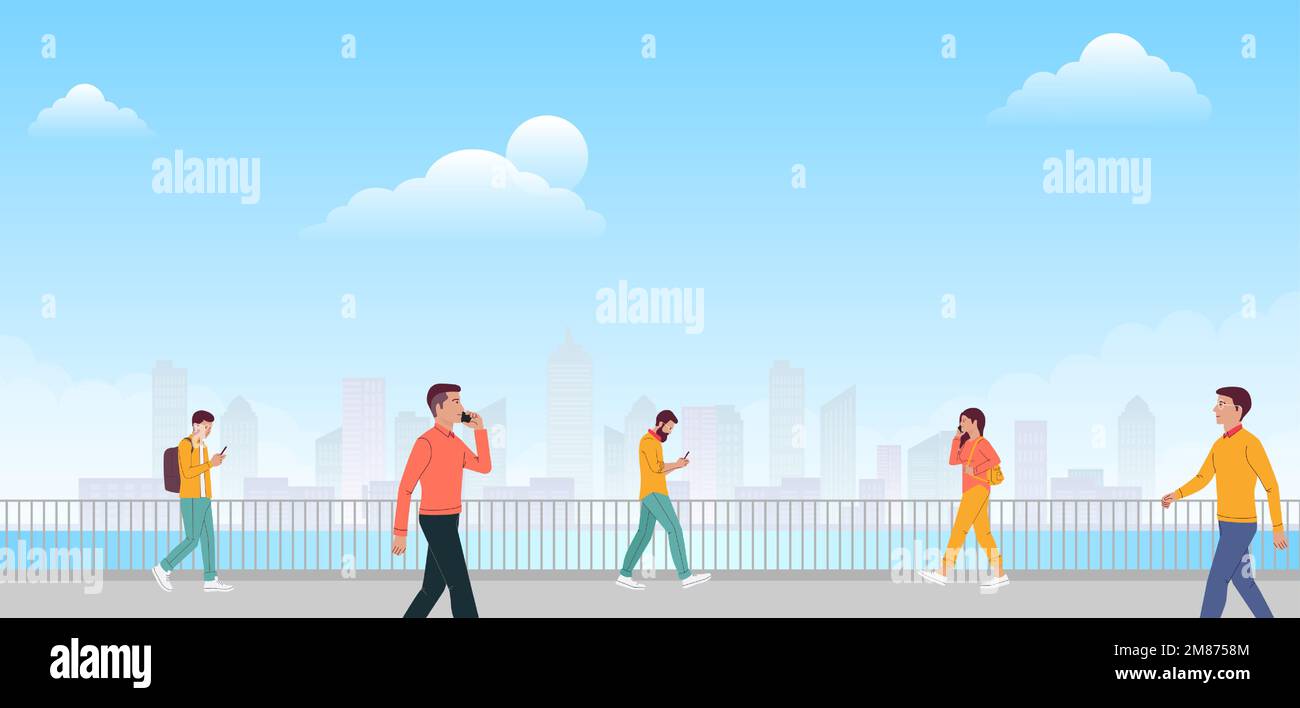 Crowd of People Walking on the Street with Cityscape Background vector illustration Stock Vector ...