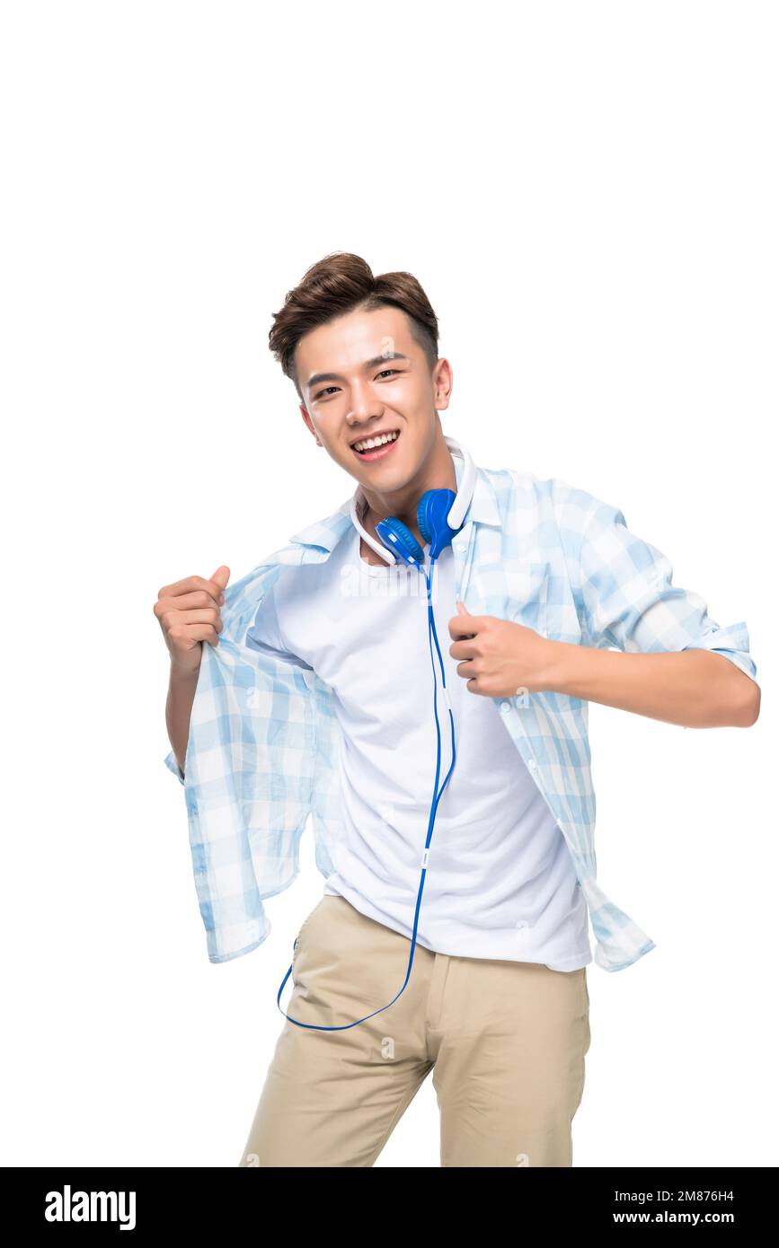 Headset hung happy young man Stock Photo - Alamy