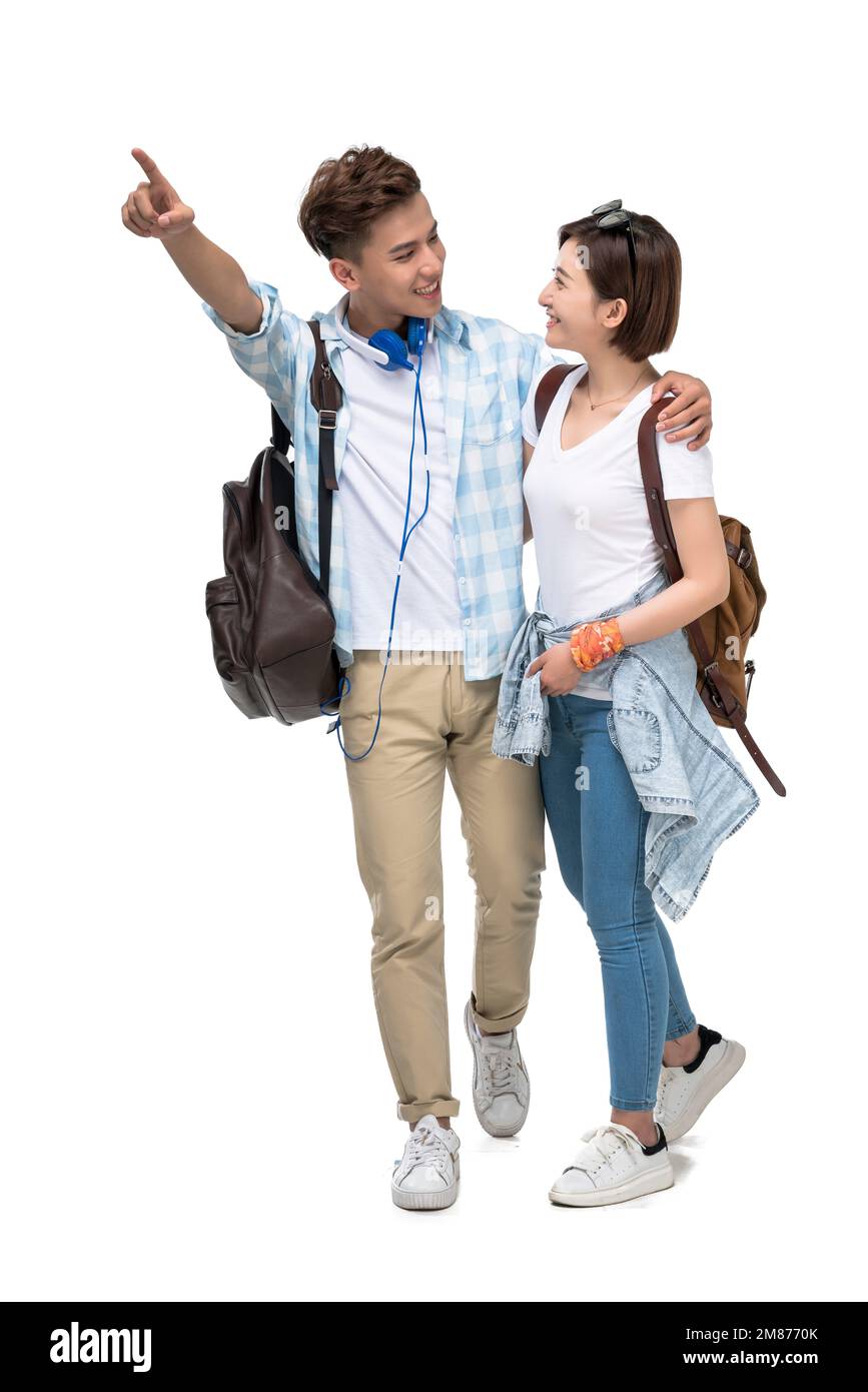 Happy young couple backpacking trip Stock Photo - Alamy