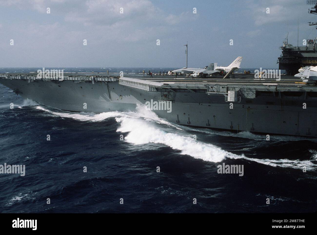 A port view of the bow section of the aircraft carrier USS MIDWAY (CV ...