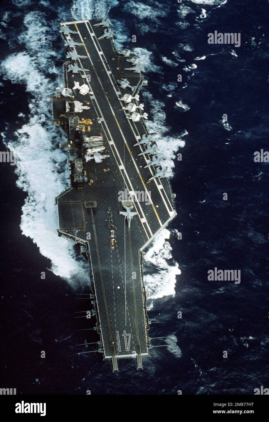 An overhead view of the aircraft carrier USS MIDWAY (CV-41) underway in ...