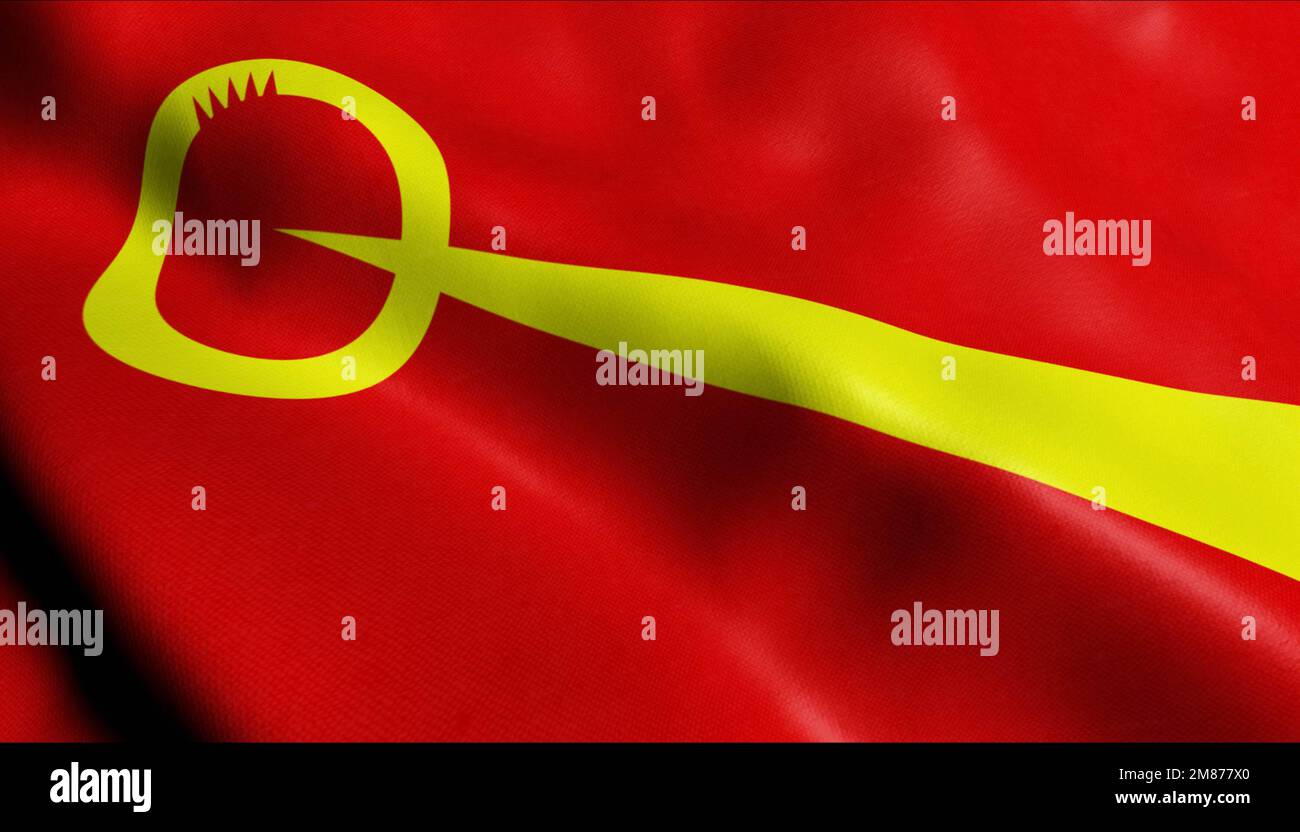 3D Illustration of a waving North Macedonia city flag of Valandovo ...