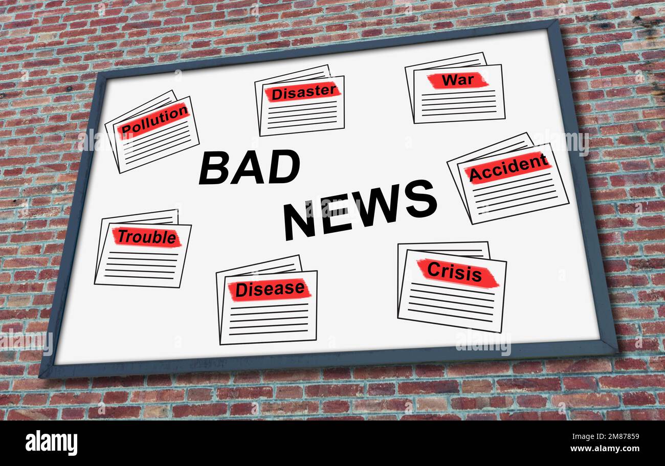 Bad news concept drawn on a billboard fixed on a brick wall Stock Photo ...