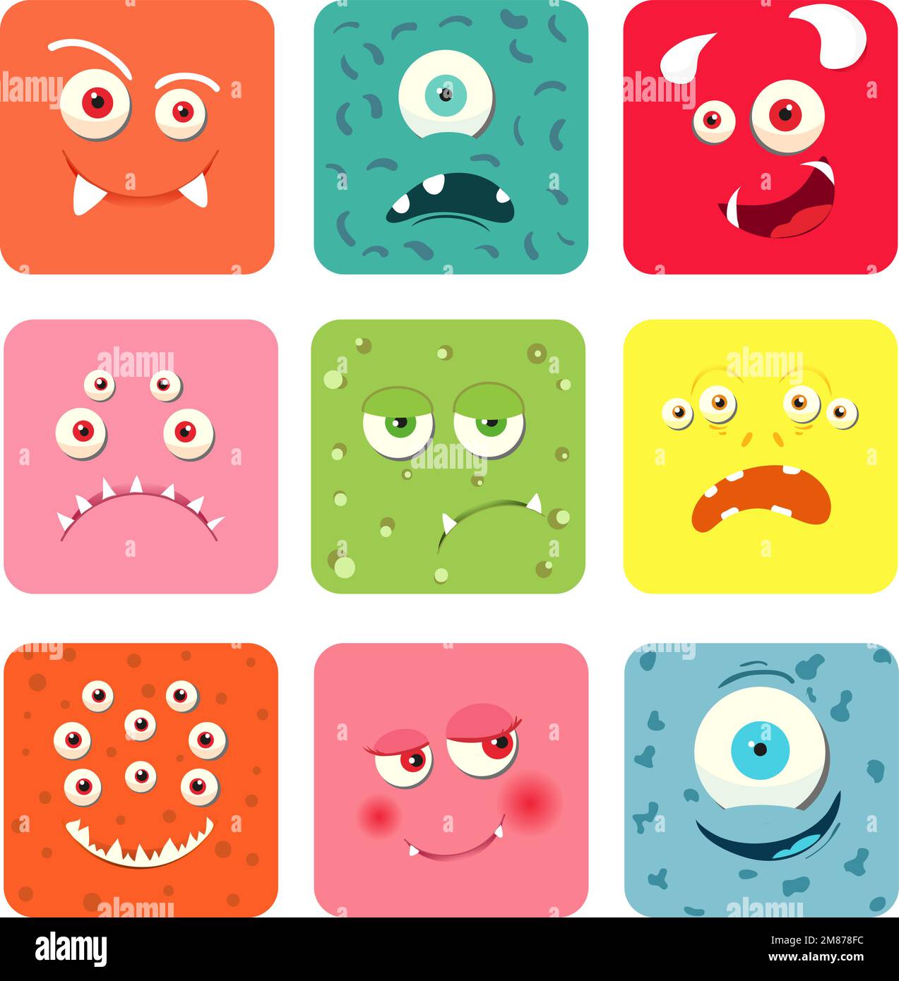 Cartoon monster faces set. Vector collection of cute square avatars ...