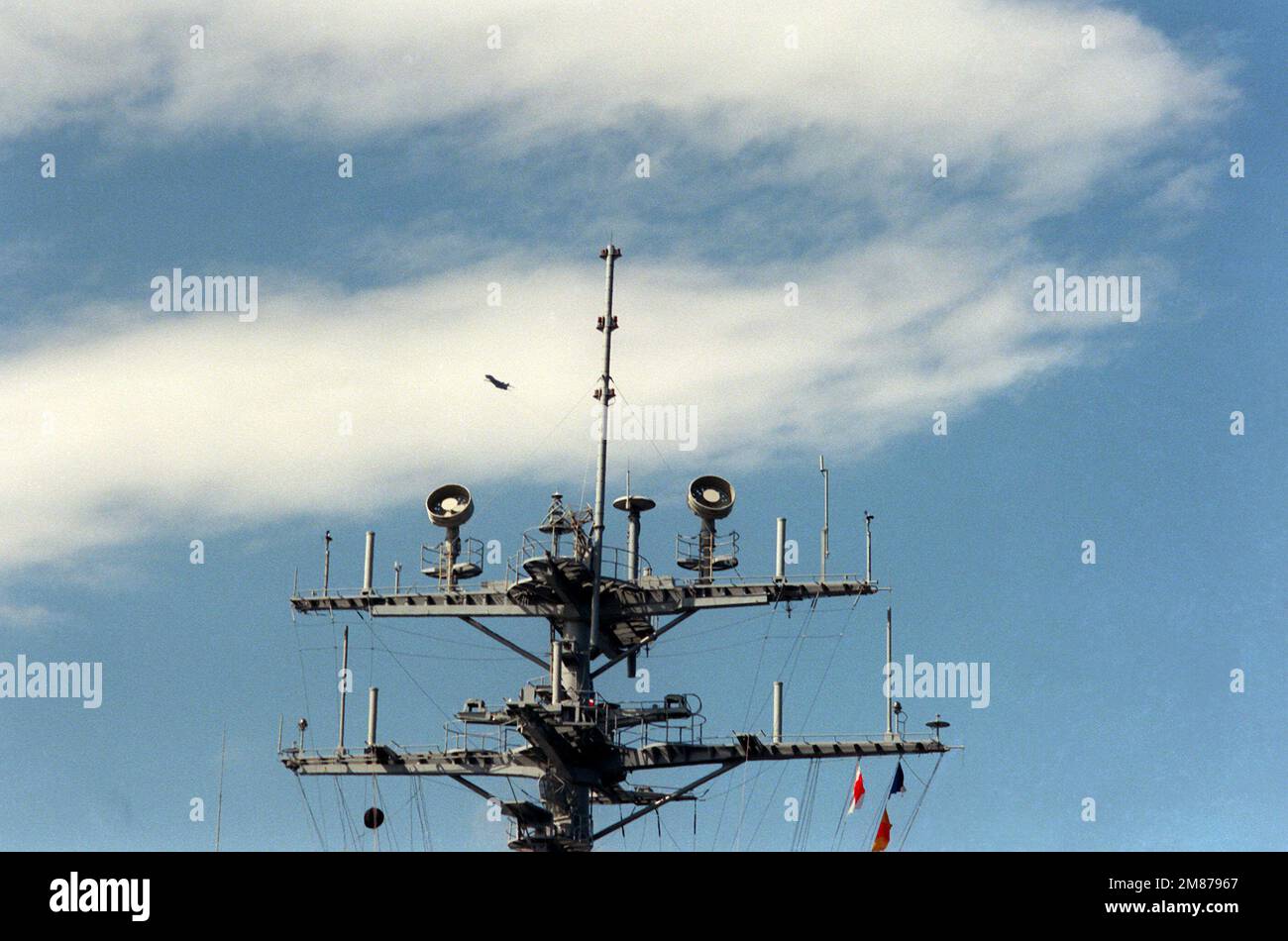 A view of satellite communications and other antennas atop the island ...