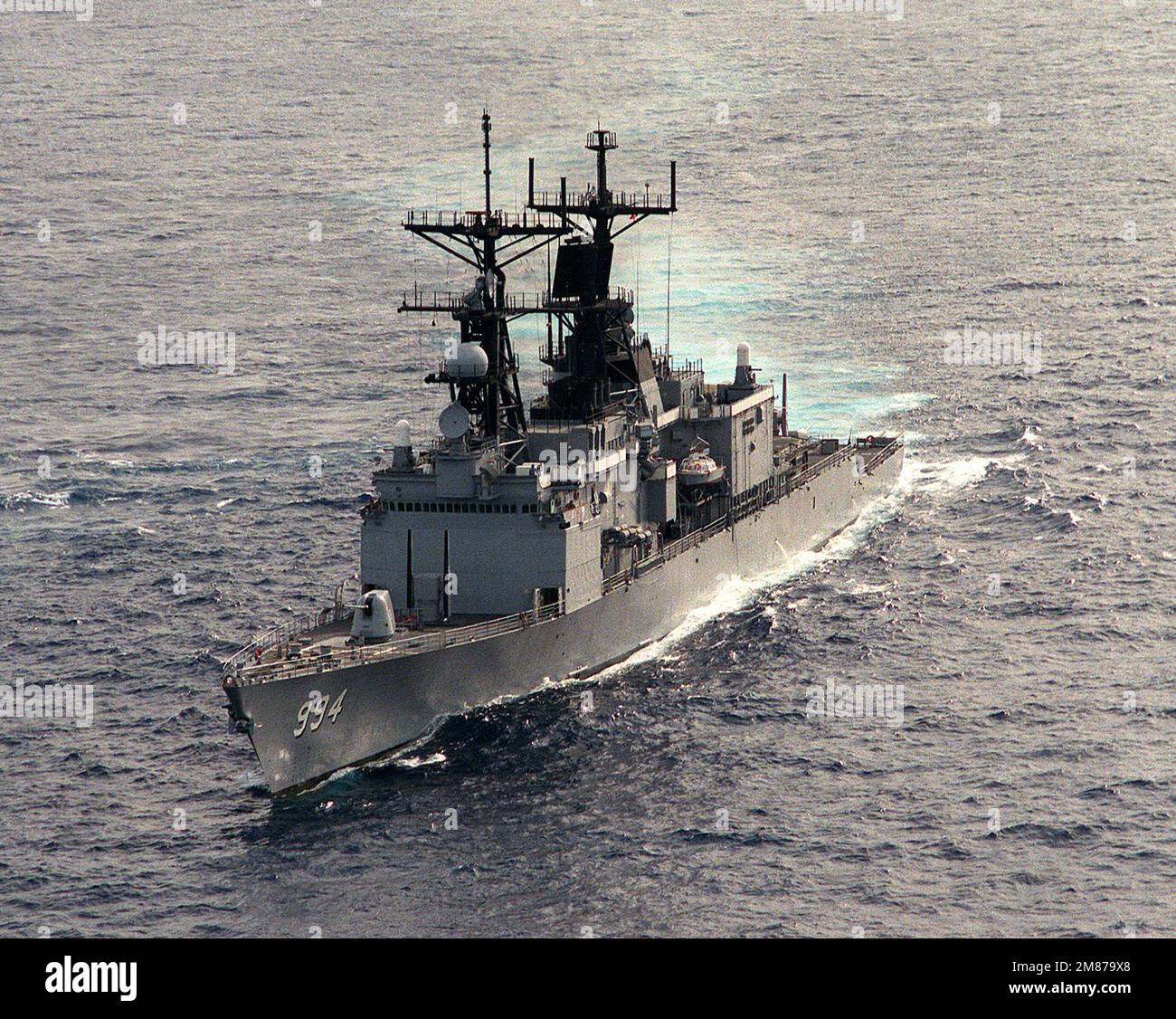 An aerial port bow view of the guided missile destroyer USS Callaghan ...