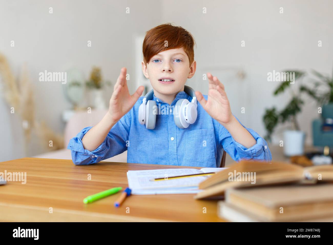 Online education concept. The pupil boy sits in front of the camera and ...