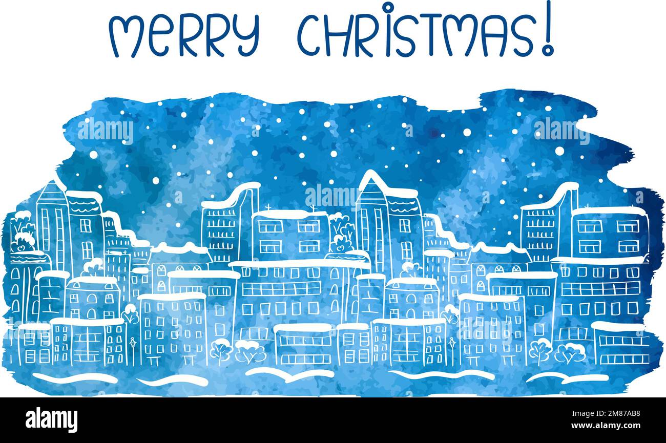 Merry Christmas card design. Winter watercolor background with doodle ...