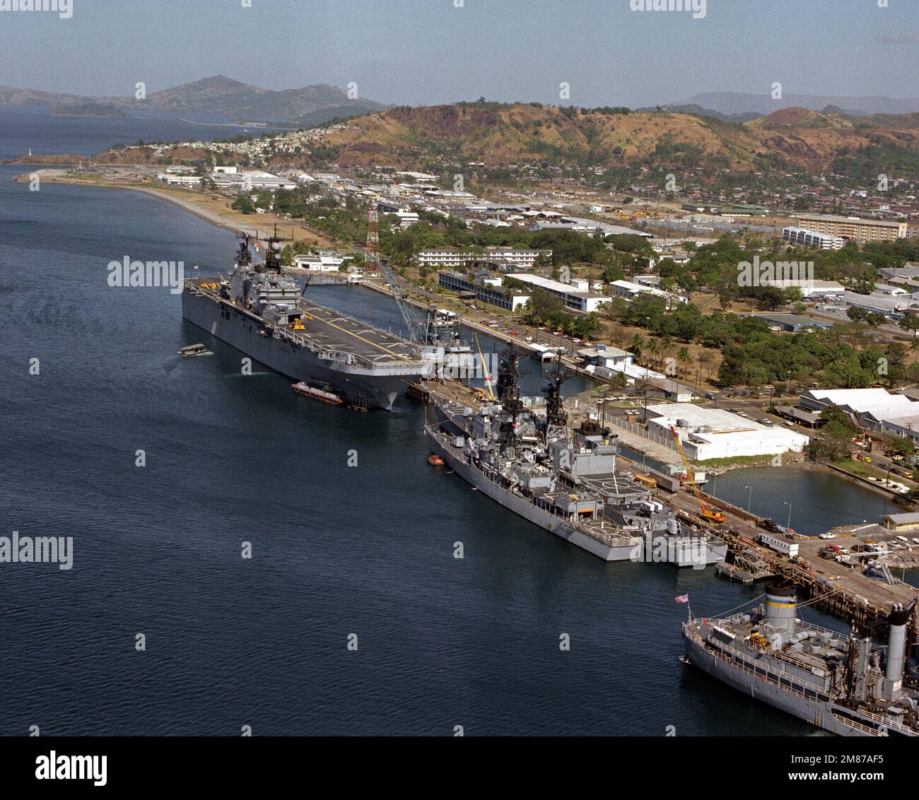 An aerial view of the amphibious assault USS BELLEAU WOOD (LHA-3), the ...