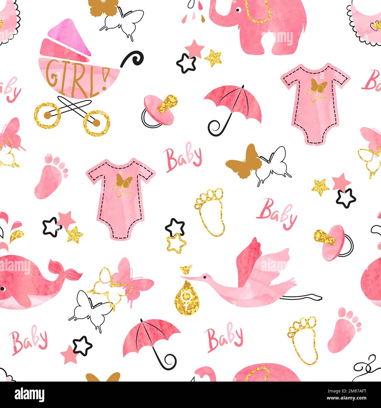 Baby shower girl seamless pattern. Vector watercolor kids background ...