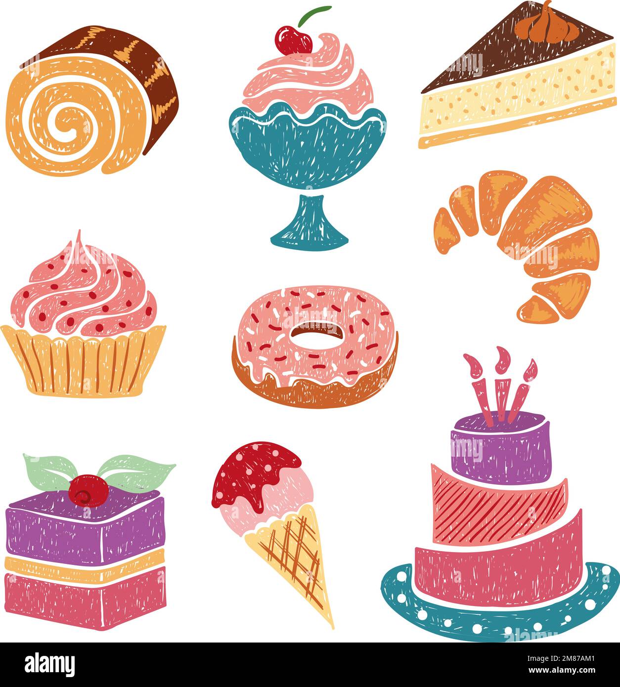 Set of hand drawn sweets and desserts - cake, ice cream, donut, croissant, pie, bakery. Vector ...