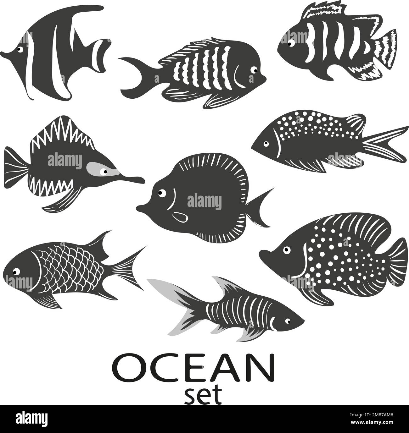 Fish silhouettes set. Collection of black and white sea fish isolated ...