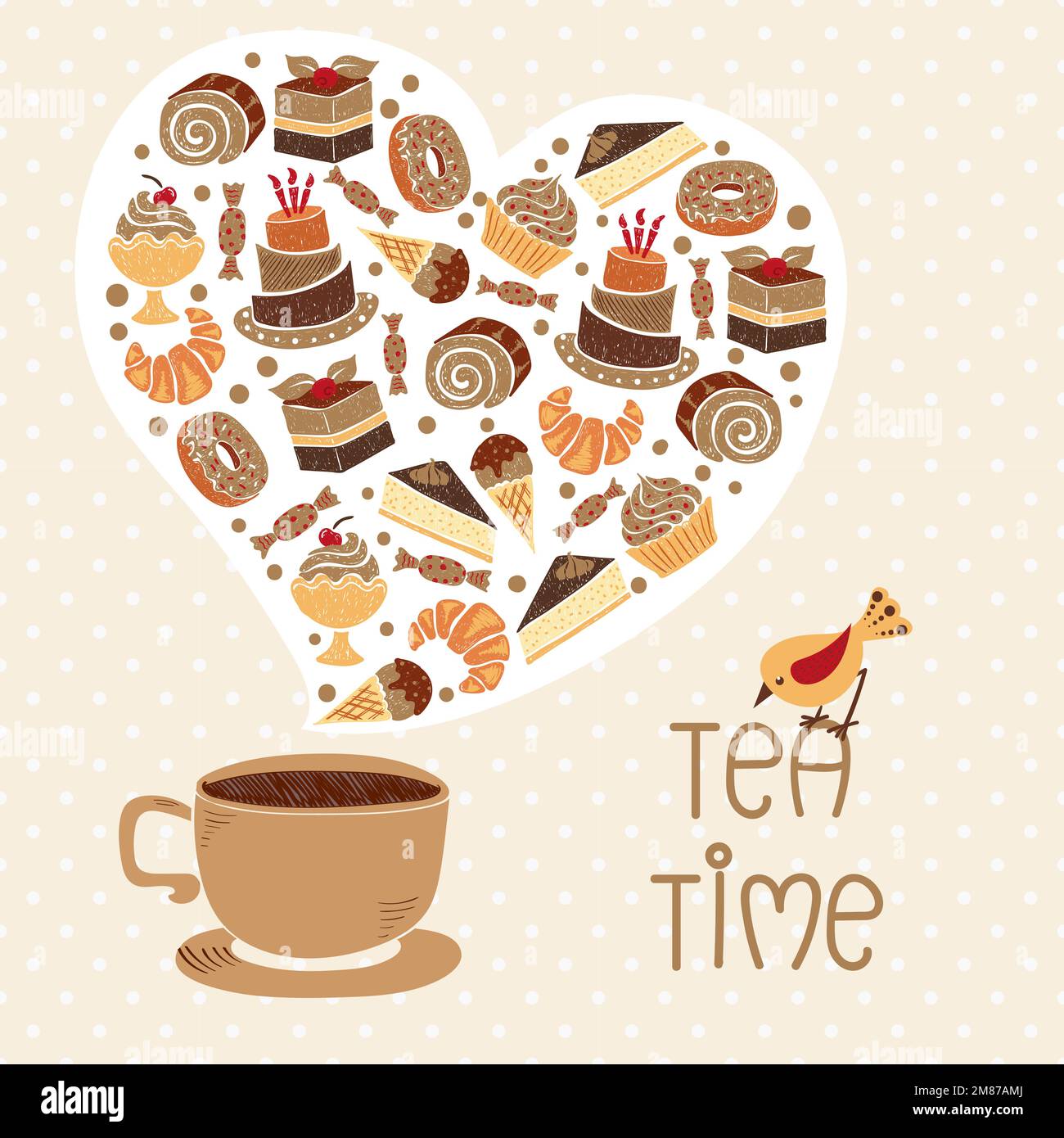 Tea time vector illustration with hand drawn cup of tea and different ...