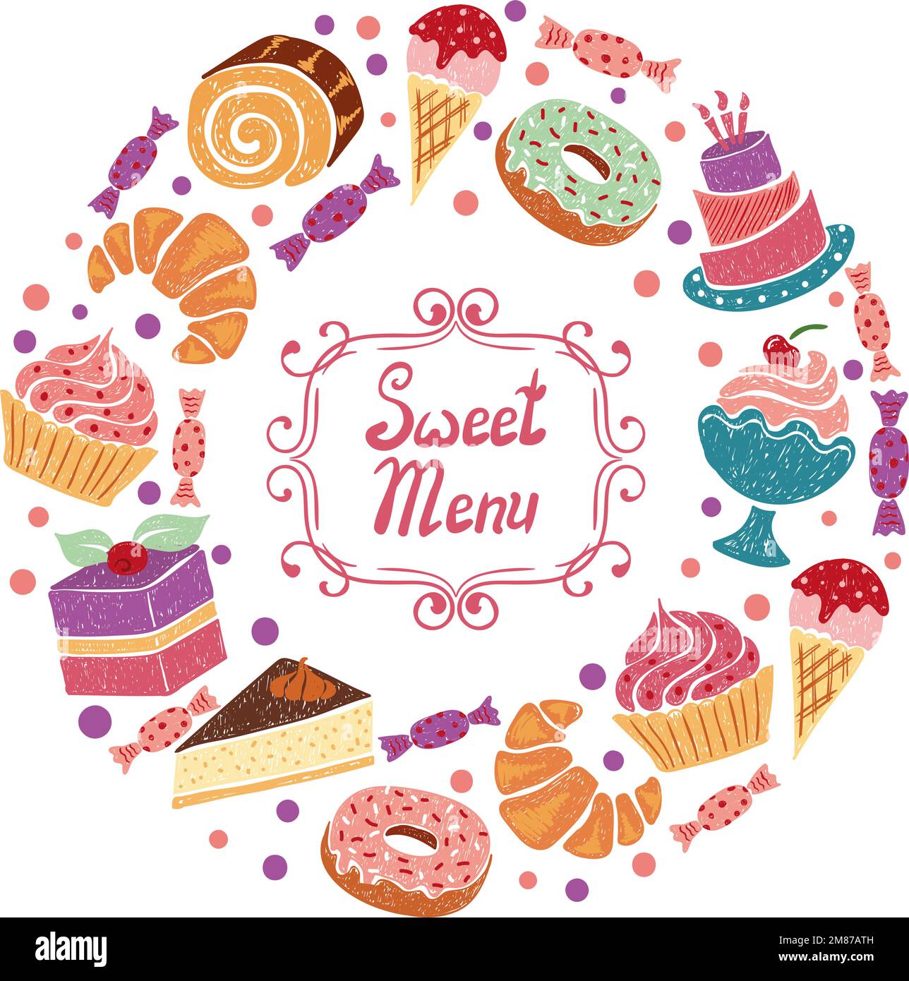 Sweets circle colorful background with cake, cupcake, bakery, donut ...