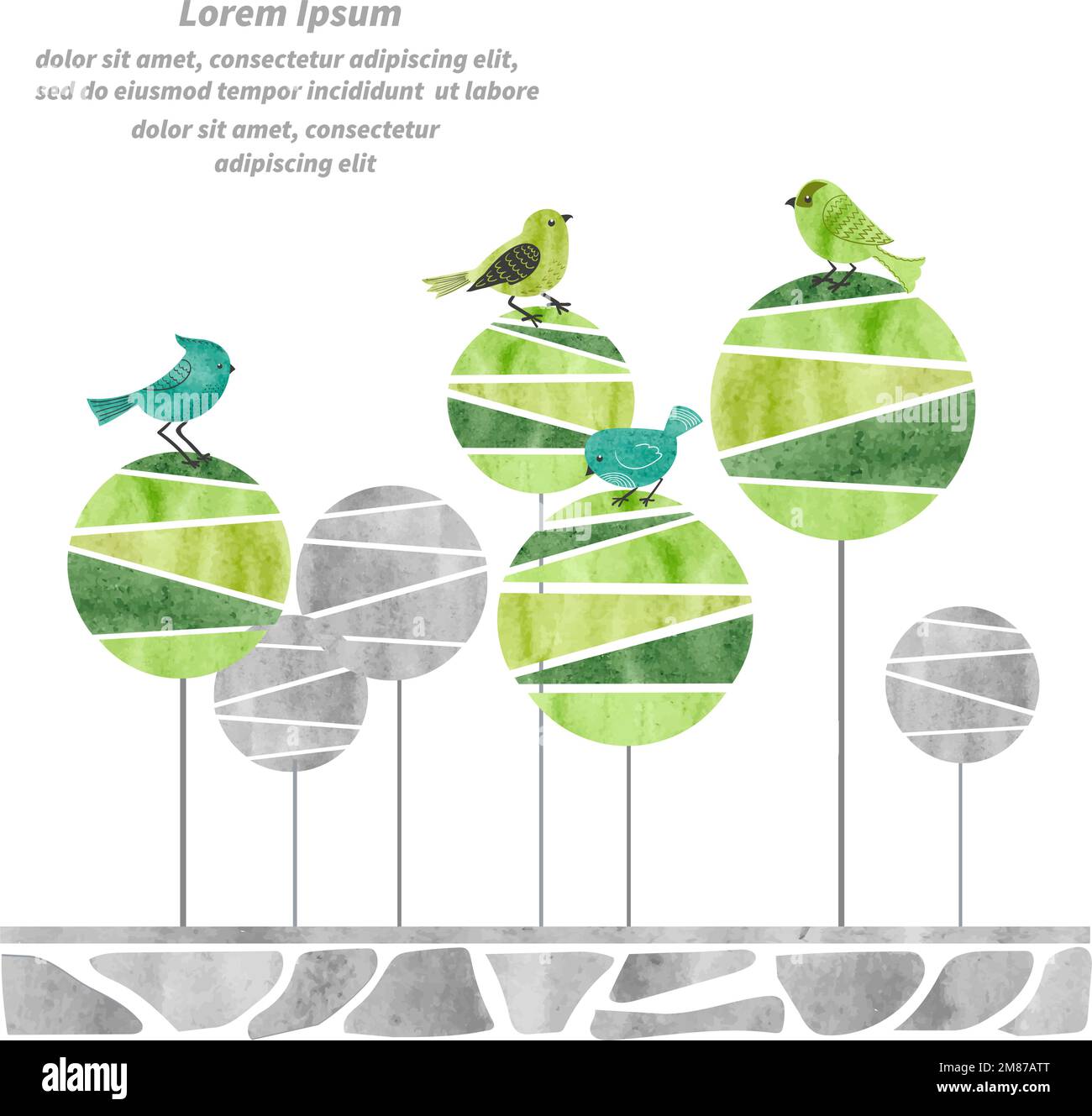 Abstract watercolor forest with cute birds. Eco friendly concept ...