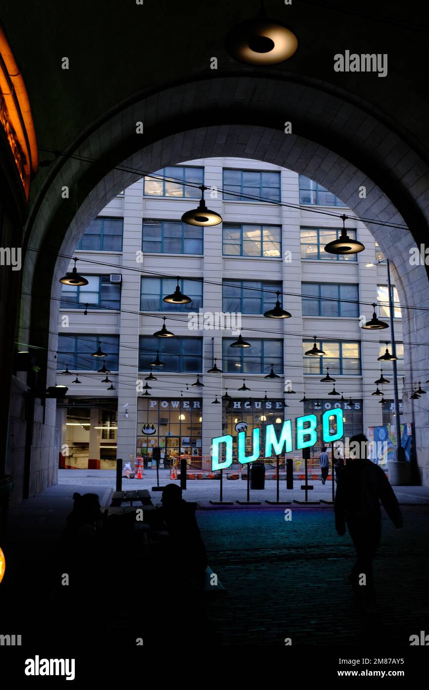 A lighted DUMBO sign in Manhattan Bridge overpass.Brooklyn.New York ...