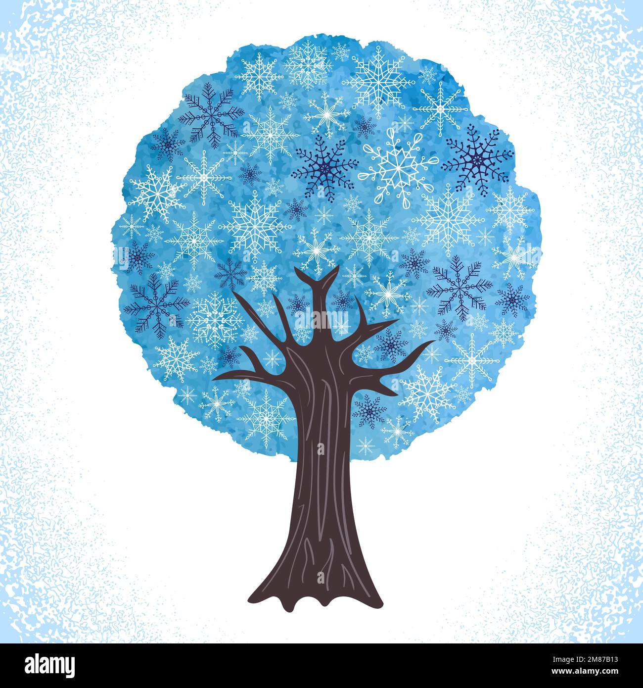 Abstract watercolor winter tree with snowflakes as leaves isolated on ...