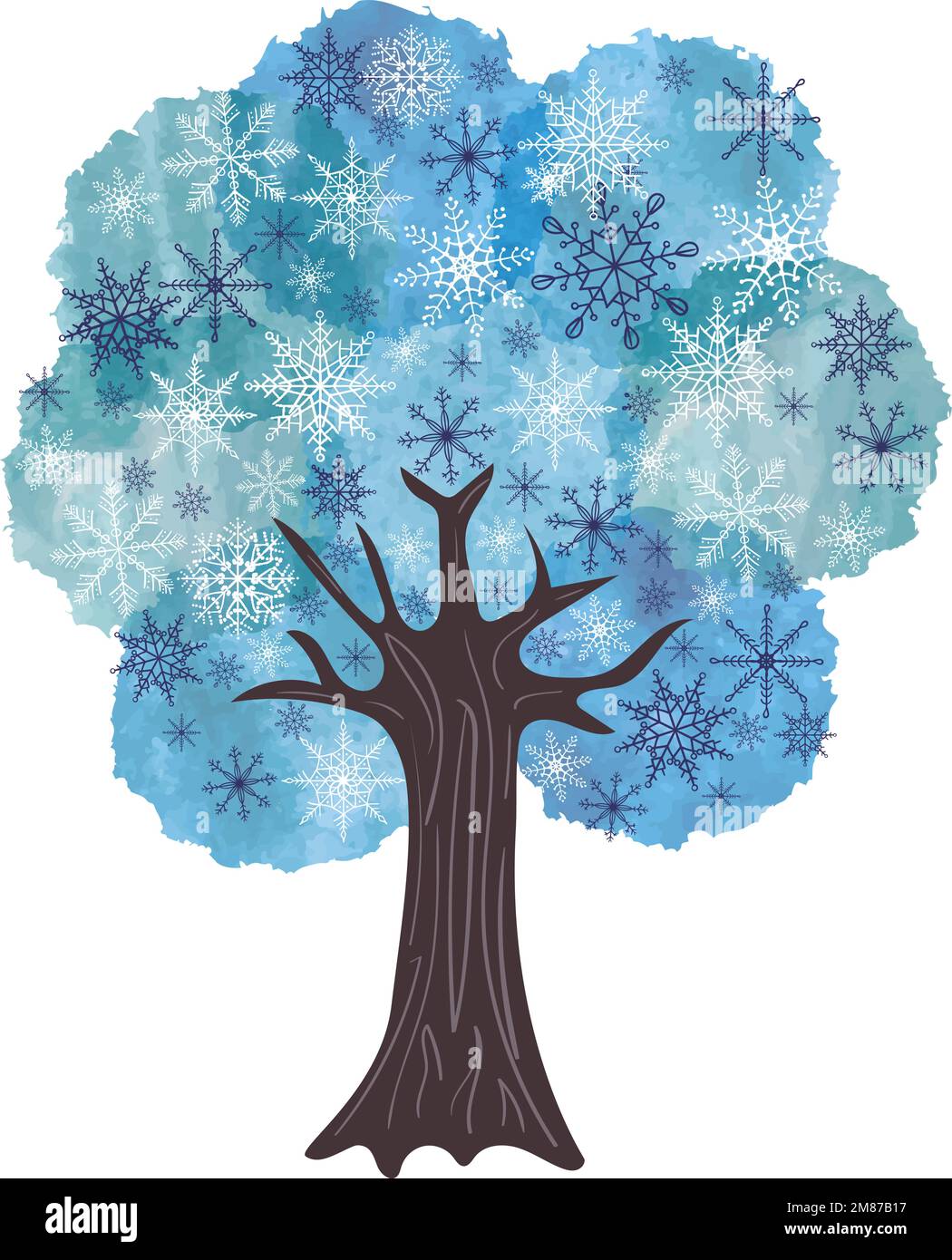 Abstract watercolor winter tree with snowflakes isolated on white ...
