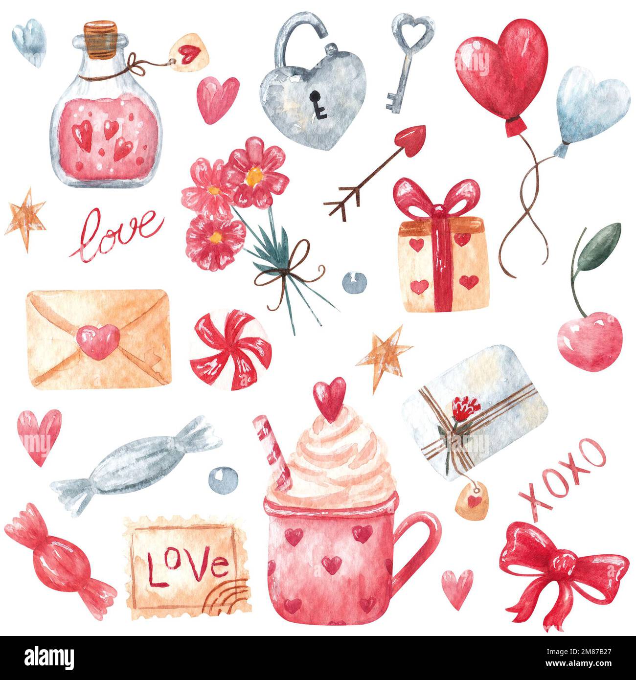 Hand drawn watercolor elements for Valentine's day. Symbol of romance ...