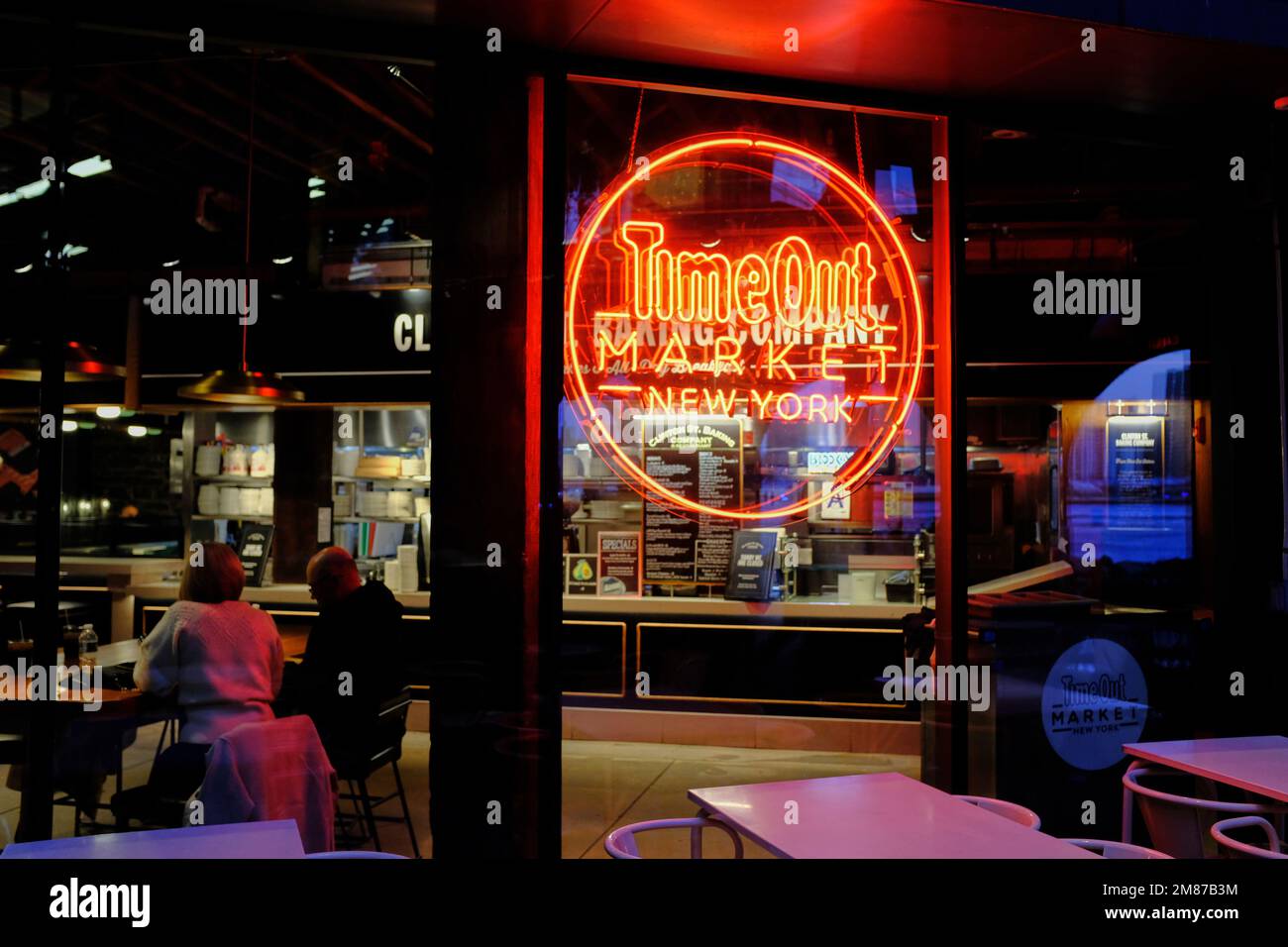 The night view of Time Out Market New York with neon sign in DUMBO ...