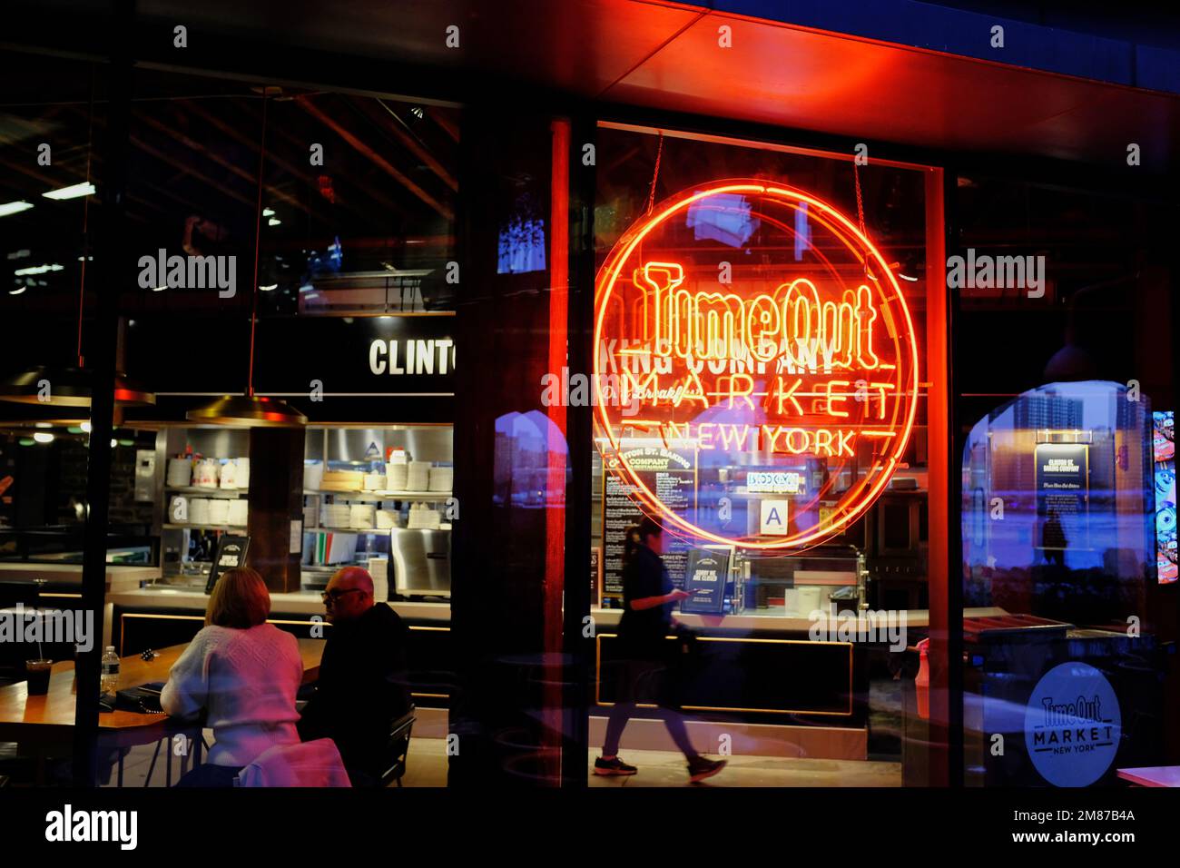The night view of Time Out Market New York with neon sign in DUMBO ...
