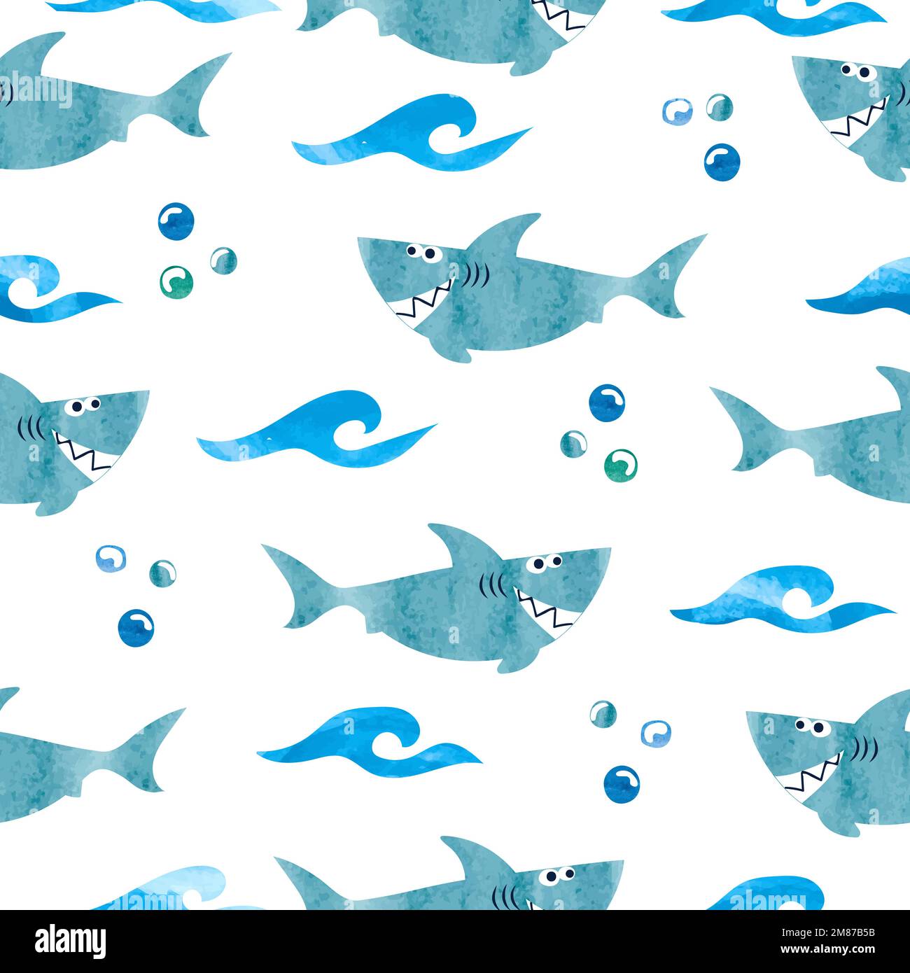 Seamless pattern with cartoon watercolor sharks. Vector background ...
