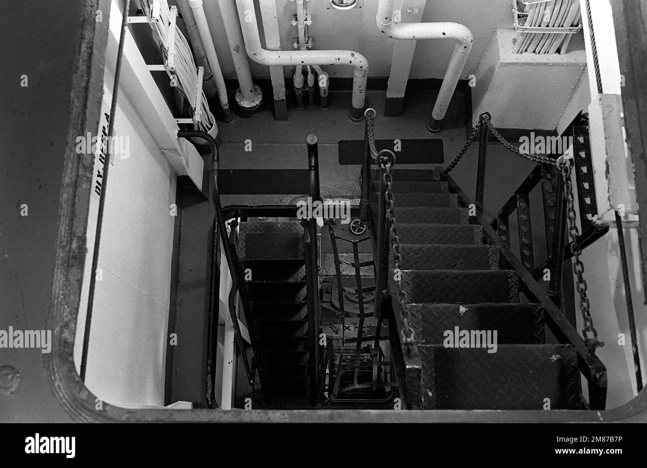 The third deck access ladder to the after machinery spaces aboard the ...