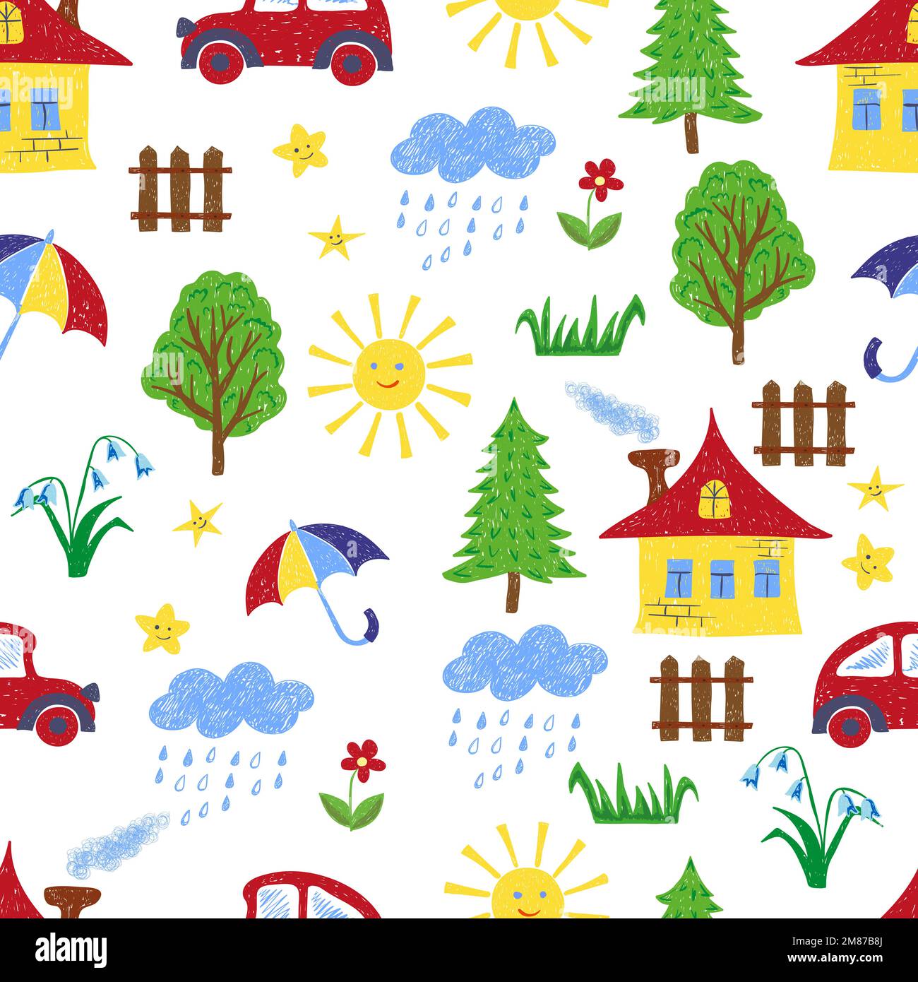 Kids colorful drawings seamless pattern. Vector hand drawn colorful ...