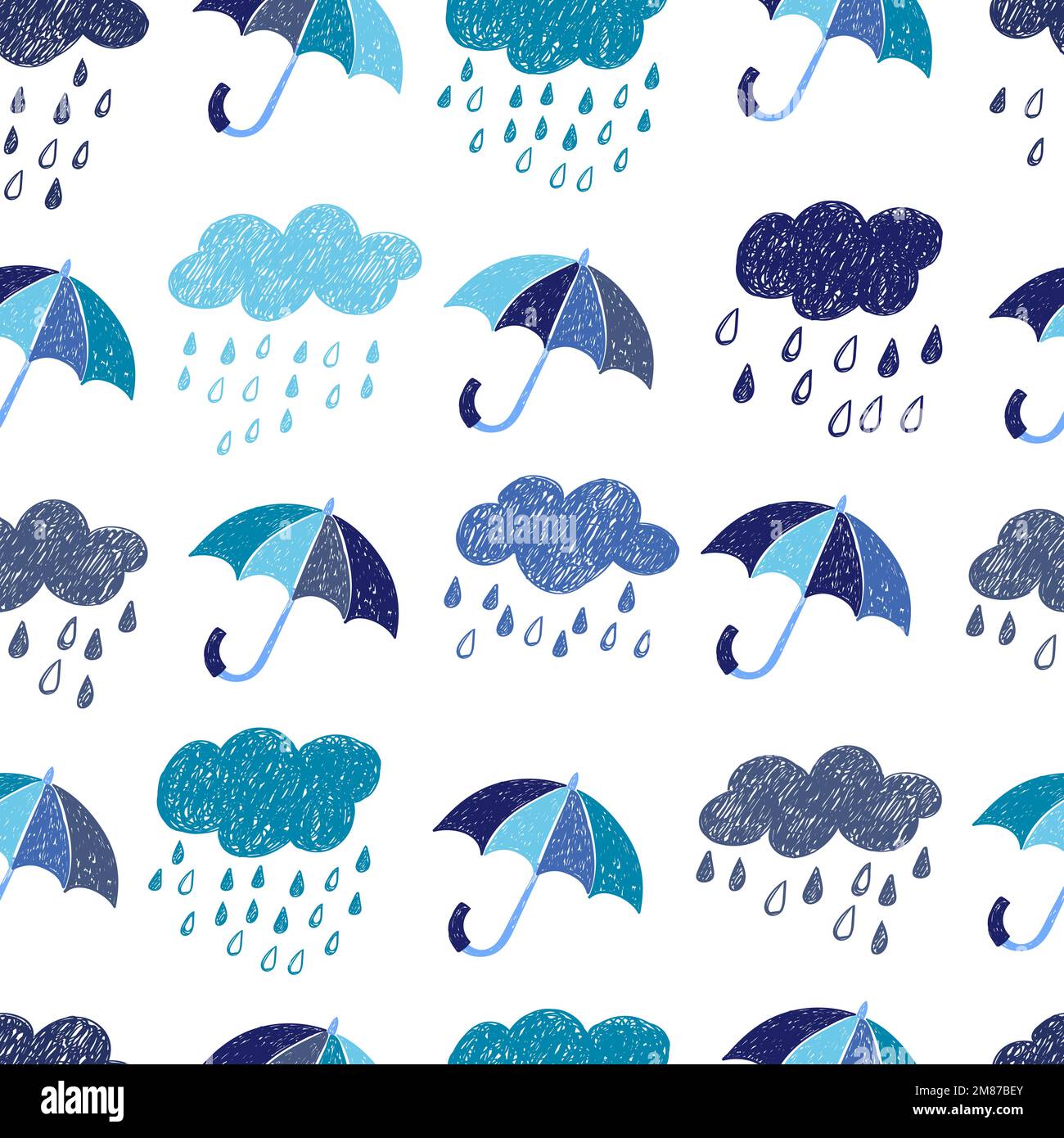 Rainy seamless pattern. Vector rain background with doodle clouds and umbrellas Stock Vector ...