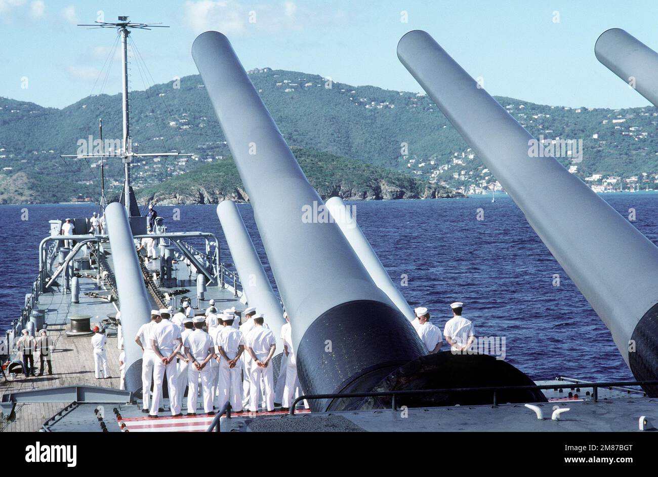 Crew members stand in formation on top of the No. 1 and No. 2 Mark 7 16 ...