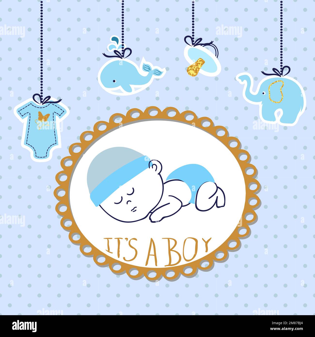 Baby shower boy card design with sleeping newborn baby. Vector ...