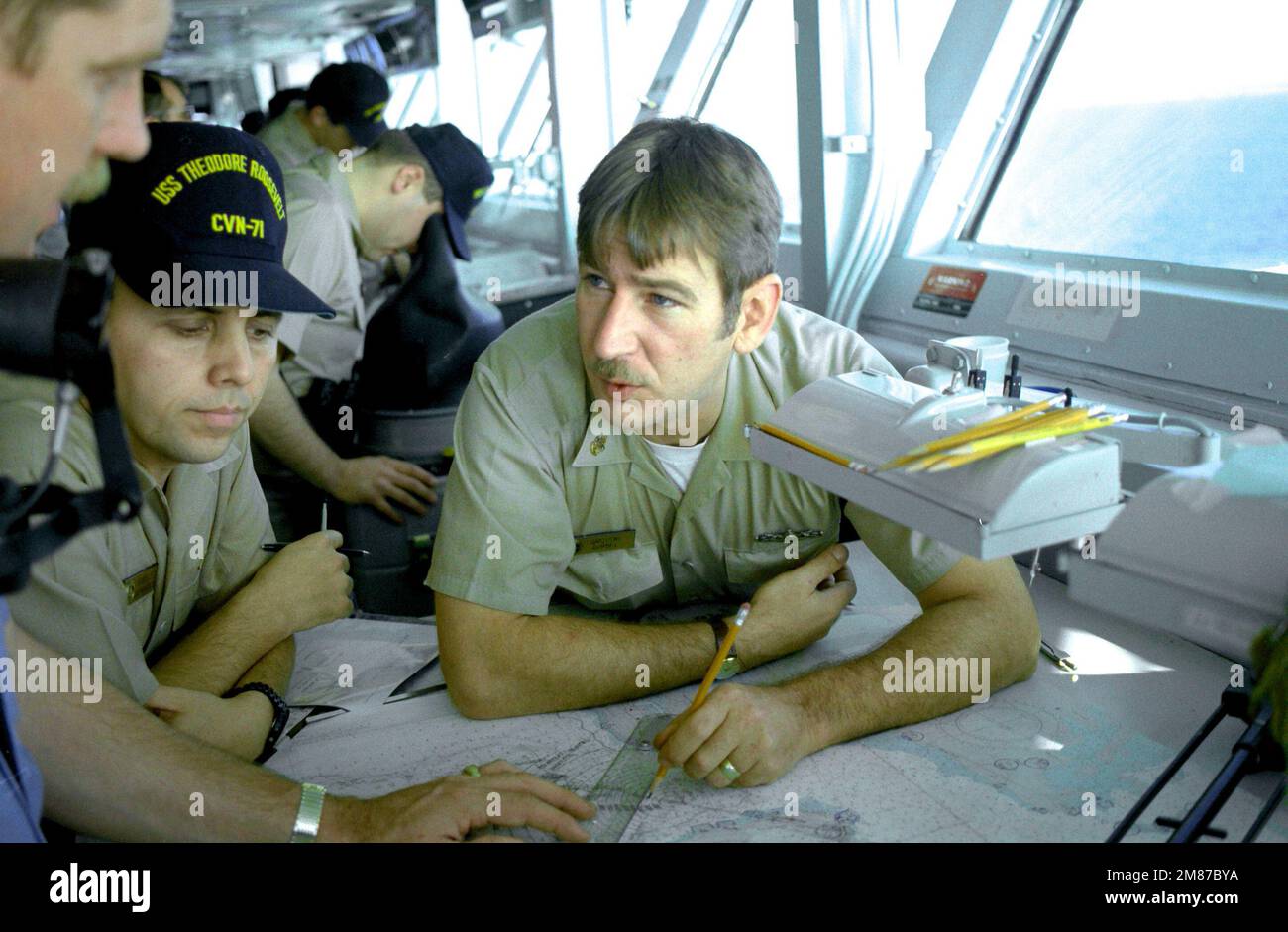 A watch team plots the ship's position on the bridge of the nuclear ...