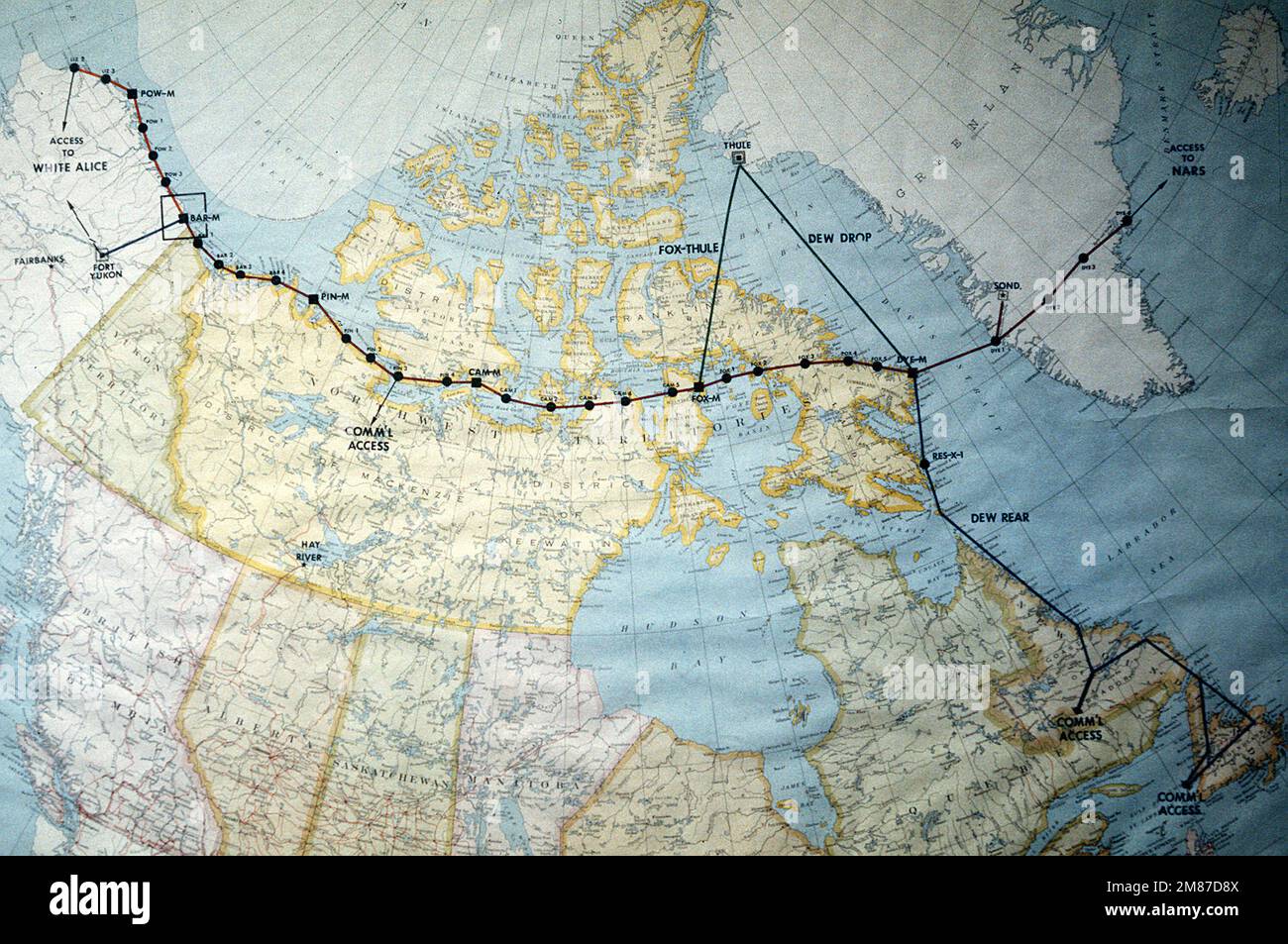 A map of North America near the Arctic Circle showing 30 radar sites ...
