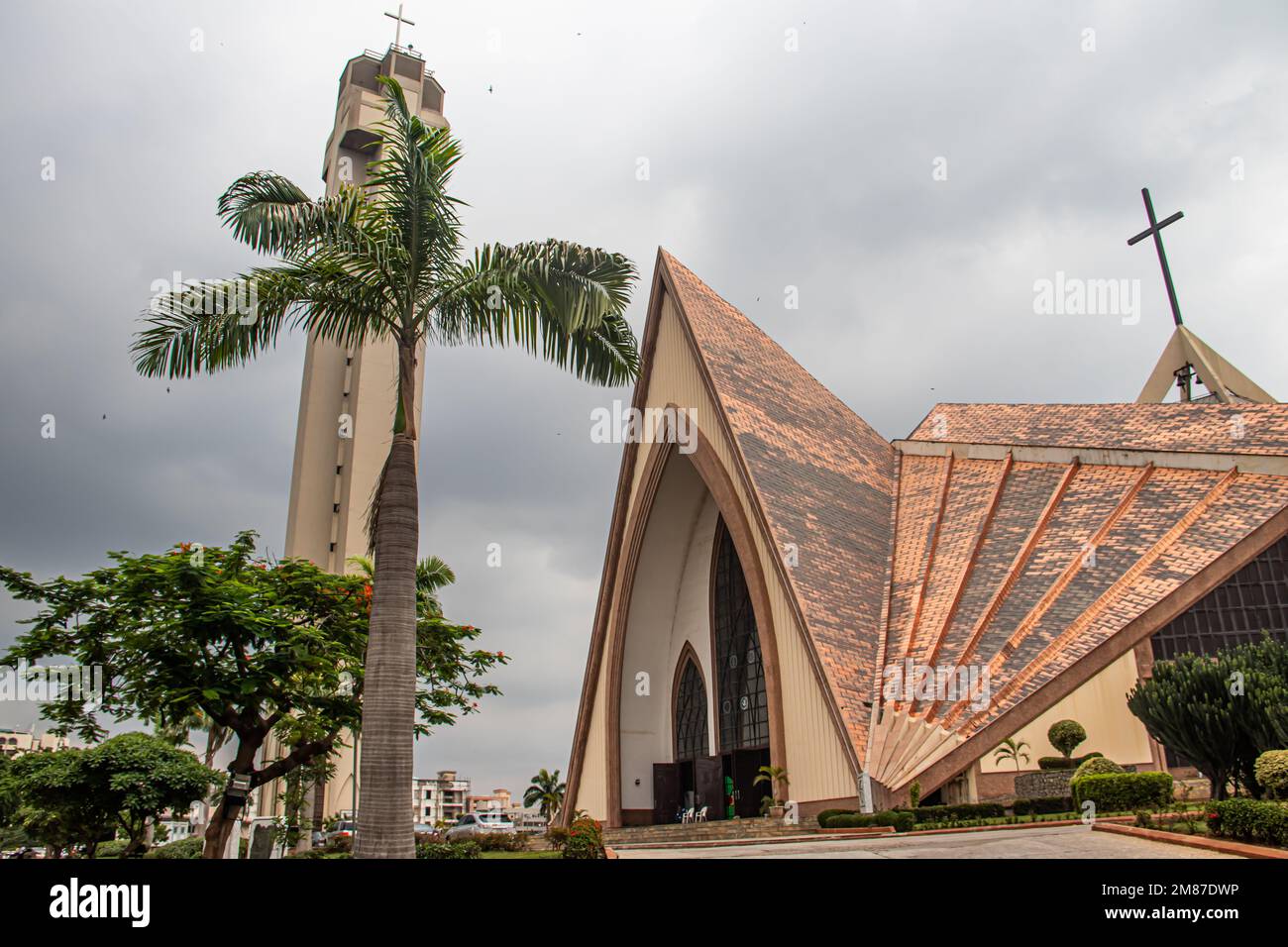 Exterior with arches, crosses, decorative walls of Catholics church in ...