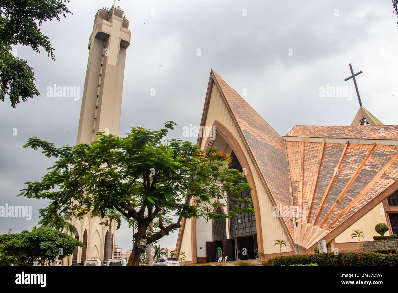 Exterior with arches, crosses, decorative walls of Catholics church in Abuja, capitol of Nigeria ...